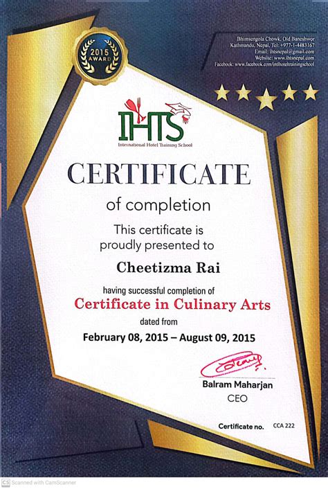 Culinary Arts Certificate Certification