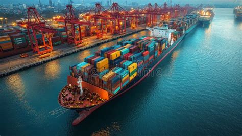Container Ship In Busy Port Showcasing Efficient Logistics And Distribution Operations At