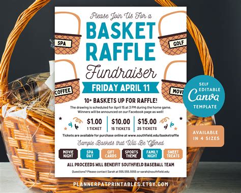 Basket Raffle Flyer Template Editable Fundraiser Invitation Canva Etsy