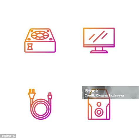 라인 무정전 전원 공급 장치 전기 플러그 컴퓨터 쿨러 및 모니터 화면을 설정합니다 그라데이션 색상 아이콘입니다 벡터 0명에 대한 스톡 벡터 아트 및 기타 이미지 Istock