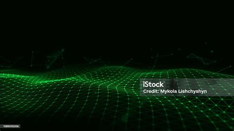 미래지향적인 디지털 웨이브 어두운 사이버 공간 점과 선이 있는 추상파 백그라운드에서 흰색 움직이는 파티클 3d 렌더링 가리키기에