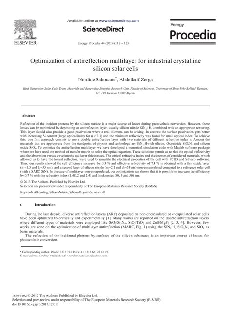 Pdf Optimization Of Antireflection Multilayer For Industrial