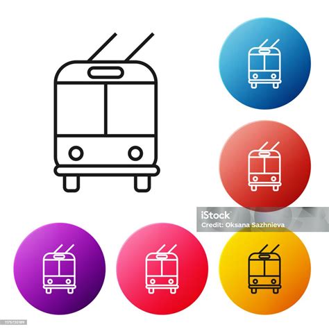 흰색 배경에 격리 된 검은 선 트롤리버스 아이콘입니다 대중 교통 기호입니다 아이콘 다채로운 원 버튼을 설정합니다 벡터