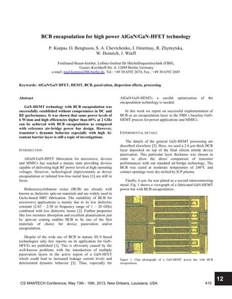 Bcb Encapsulation For High Power Algan Gan Hfet Cs Mantech