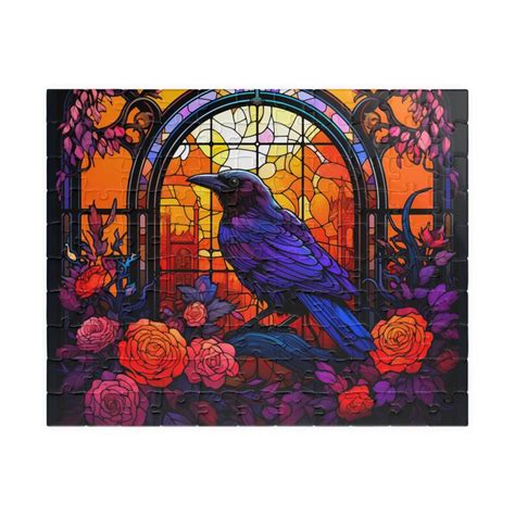 Dark Stained Glass Raven Jigsaw Puzzle Ts Gothic Floral Fire Raven