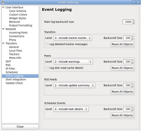 Settings Event Logging Tixati