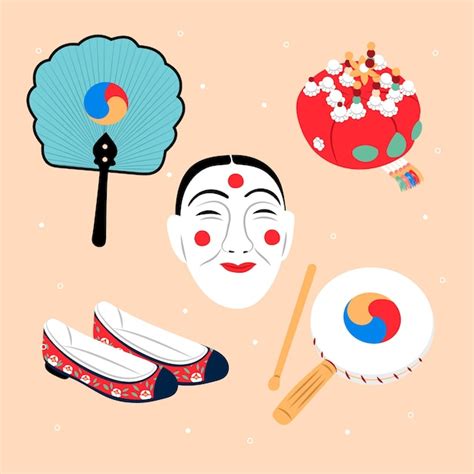 손으로 그린 평면 한국 전통 요소 컬렉션 무료 벡터