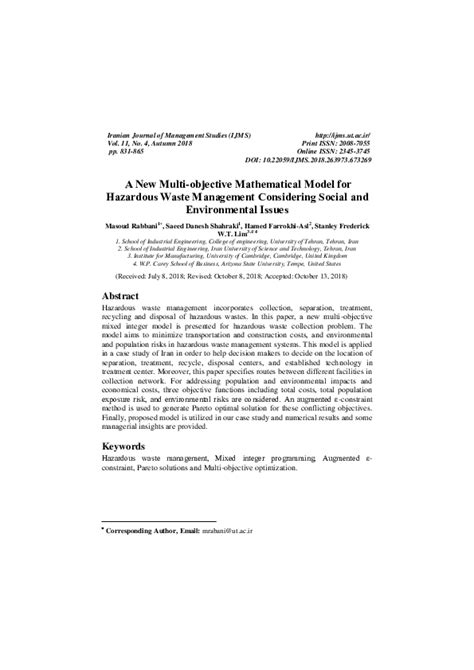Pdf A New Multi Objective Mathematical Model For Hazardous Waste