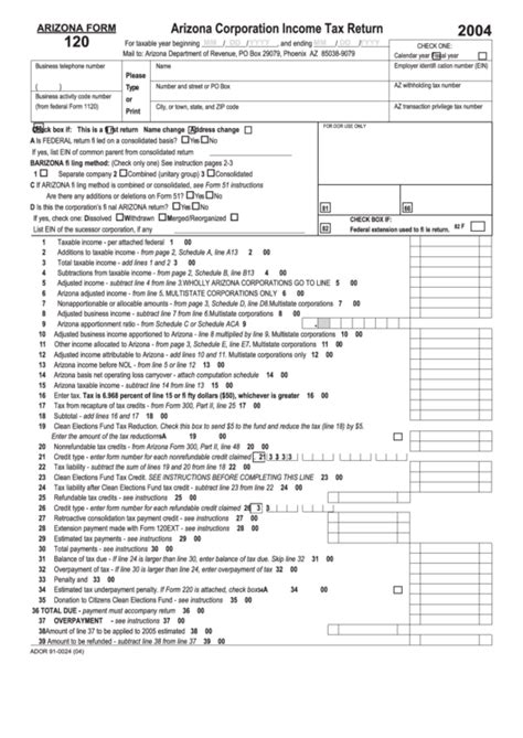 Arizona Form 120 Arizona Corporation Income Tax Return 2004