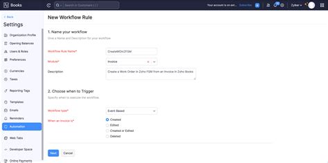zoho fsm create a work order in zoho fsm from an invoice in zoho books
