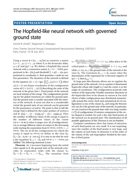 Pdf The Hopfield Like Neural Network With Governed Ground State
