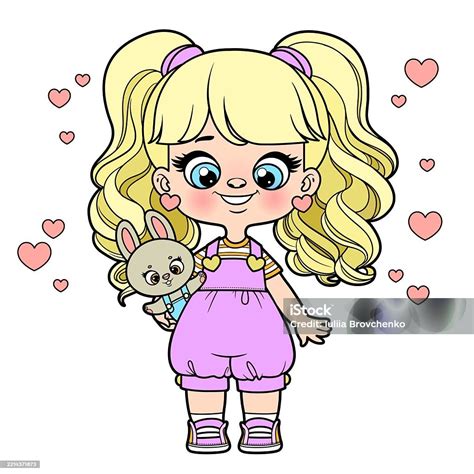 장난감 토끼를 가진 귀여운 만화 소녀 손에 흰색 배경에 색칠 공부 페이지를 위한 색상 변형 곱슬 머리에 대한 스톡 벡터 아트 및 기타 이미지 곱슬 머리 귀여운 긴