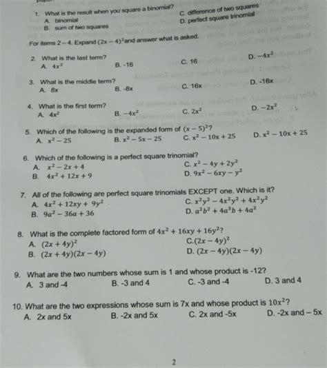 Solved What Is The Result When You Square A Binomial C Difference Of Two Squares A Binomial D