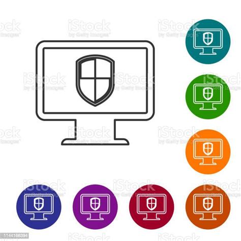 회색 컴퓨터 모니터와 방패 라인 아이콘 흰색 배경에 고립 컴퓨터 보안 방화벽 기술 인터넷 프라이버시 안전 또는 바이러스 백신 벡터 일러스트 0명에 대한 스톡 벡터 아트 및