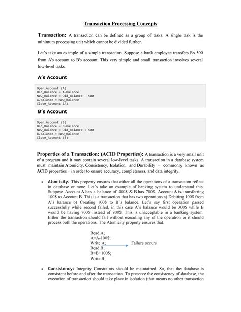 Dbms Unit Ivtransaction Management Transaction Processing Concepts Transaction A