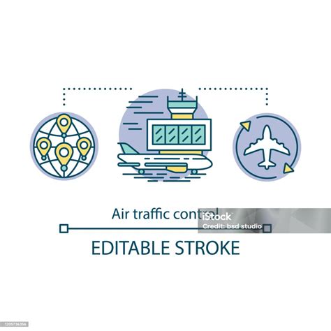 항공 교통 관제 개념 아이콘입니다 항공기 컨트롤 타워 아이디어 얇은 라인 그림입니다 항공 및 관광 비행기 관리 비행기 제트 비행 벡터 절연 윤곽선 도면 편집 가능한 스트로크