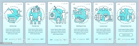 모바일 앱 페이지 화면 벡터 템플릿을 온보딩하는 여행 스타일 6에 대한 스톡 벡터 아트 및 기타 이미지 6 개념 관광 Istock