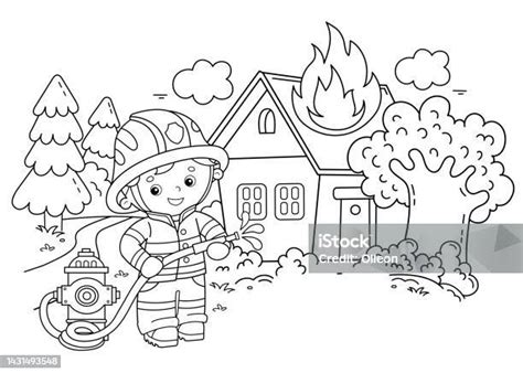 색칠 공부 페이지 소화전을 가진 만화 소방관 또는 소방관의 개요 소방 아이들을위한 색칠 공부 책 교육에 대한 스톡 벡터 아트 및 기타 이미지 Istock