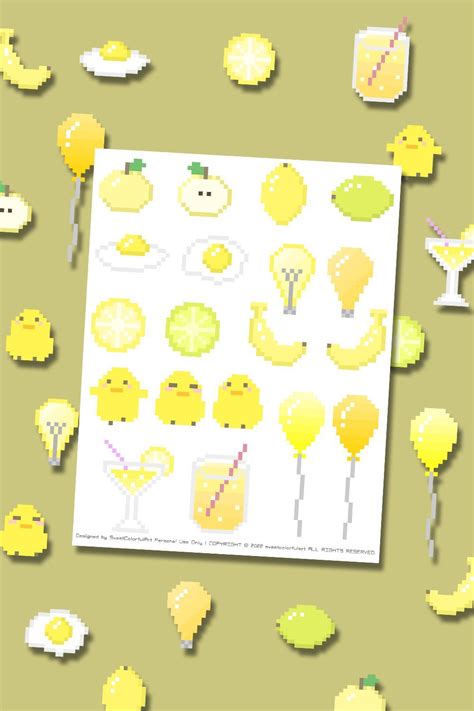 Yellow Pixel Art Digital Sticker Pack Cute Pixel Art Sticker Pack Yellow Pixel Art