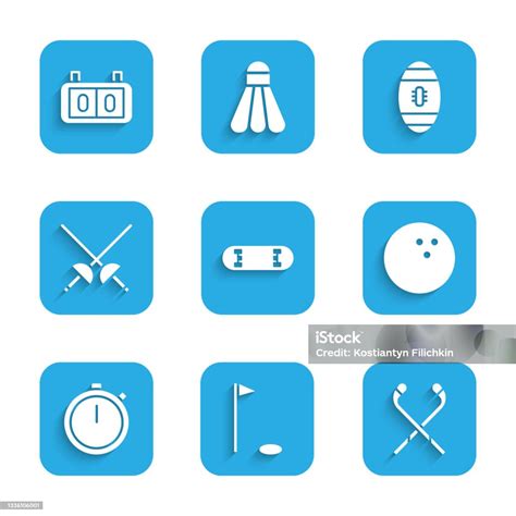 세트 스케이트 보드 트릭 골프 플래그 아이스 하키 스틱 볼링 공 스톱 워치 펜싱 미식 축구와 스포츠 기계 점수 판 아이콘 벡터 검에 대한 스톡 벡터 아트 및 기타 이미지