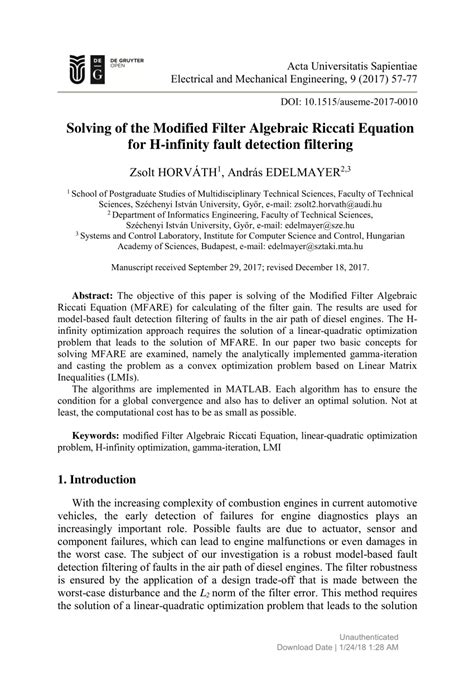 Pdf Solving Of The Modified Filter Algebraic Riccati Equation For H Infinity Fault Detection