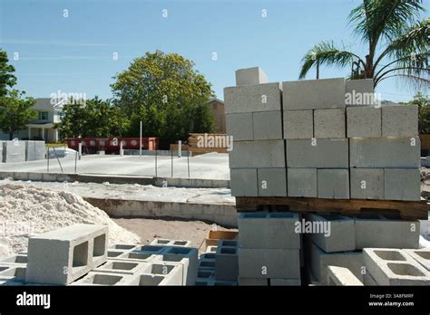 Stack Of Light Gray Slightly Textured Surface Concrete Blocks Aka
