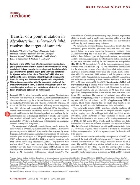 Pdf Transfer Of A Point Mutation In Mycobacterium Tuberculosis Inha