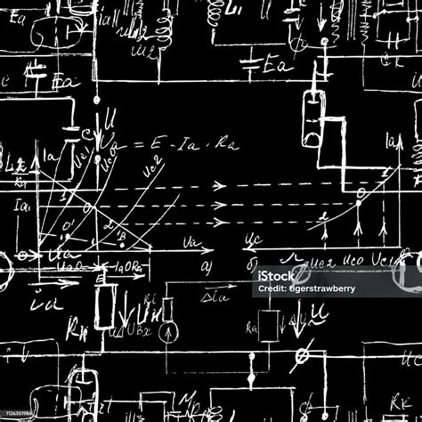 과학적인 원활한 텍스처 필기 수식 및 전자 부품 초 크 보드에 다양 한 그래프 솔루션의 그림 물리학 및 도식 다이어그램 고 소자의 회로 벡터입니다 다이어그램에 대한 스톡