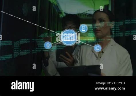 Animation Of Laptop And Phone Icons Connecting With Lines Over Multiracial Coworkers In Server