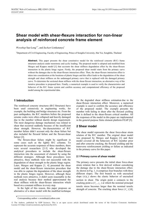 Pdf Shear Model With Shear Flexure Interaction For Non Linear Analysis Of Reinforced Concrete