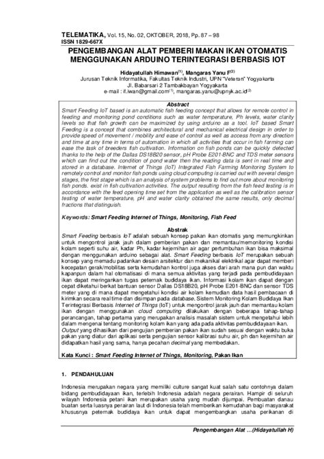 Pdf Pengembangan Alat Pemberi Makan Ikan Otomatis Menggunakan Arduino Terintegrasi Berbasis Iot