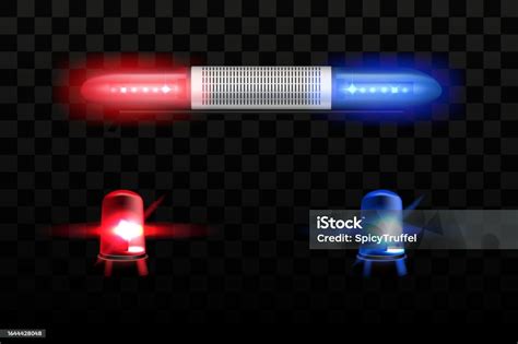 3d 경보등 교통 사이렌 구급차 또는 경찰 램프 빨간색과 파란색 비상 비콘이 깜박입니다 반사가 있는 경찰차 랜턴 어두운 투명 배경입니다 벡터 사실적인 개체 집합 3차원