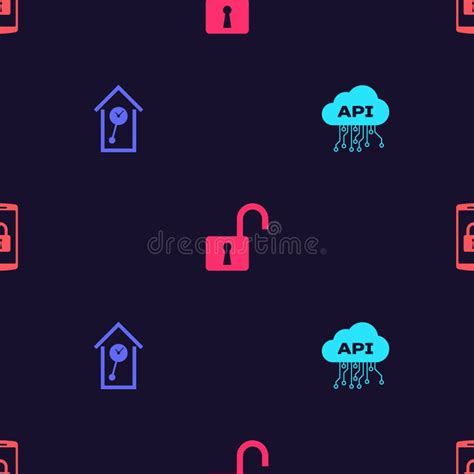 Set Cloud Api Interface Retro Wall Watch Open Padlock And Smartphone With On Seamless Pattern