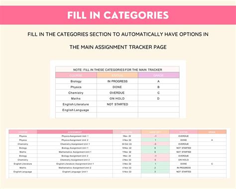 Assignment Tracker Google Sheets Spreadsheet Homework Planner Academic Study Log Etsy