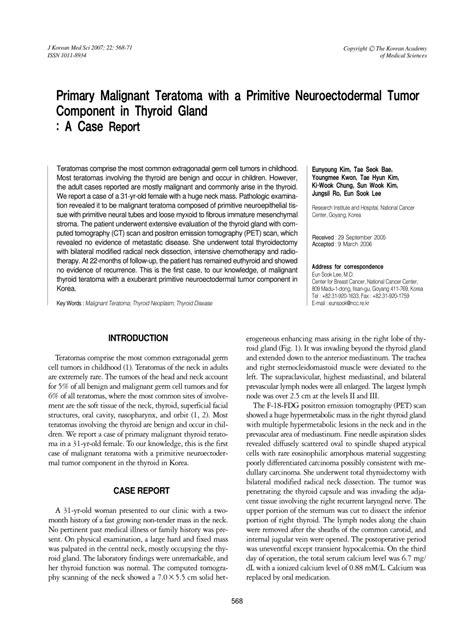 Pdf Primary Malignant Teratoma With A Primitive Neuroectodermal Tumor Component In Thyroid
