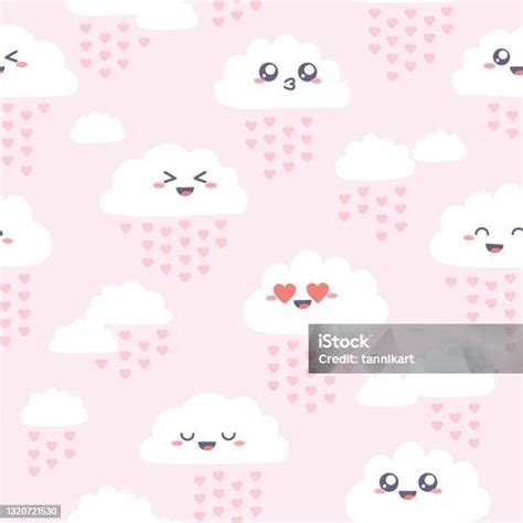 귀여운 가와이 구름이 있는 매끄러운 패턴 비가 내리는 대신 구름 캐릭터와 작은 분홍색 하트가 있는 간단한 드로잉 벡터 설계 0