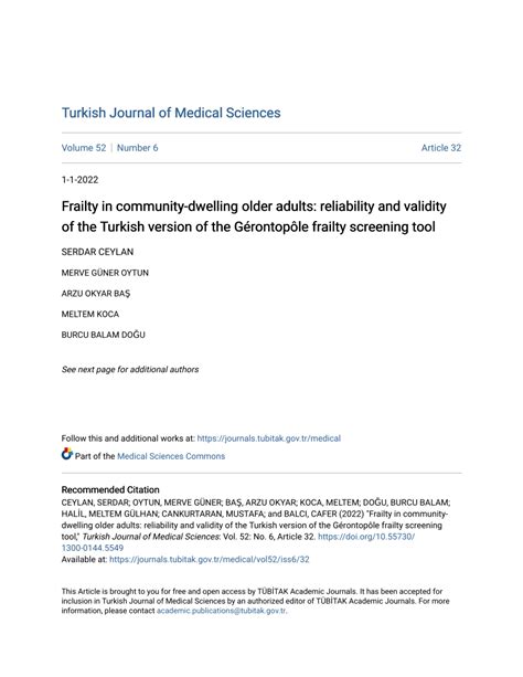 Pdf Frailty In Community Dwelling Older Adults Reliability And Validity Of The Turkish