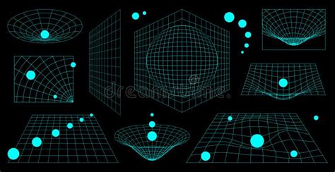 Neon Wireframe Shapes Perspective Grids And Heart Y2k Futuristic Retro Aesthetic Set Stock