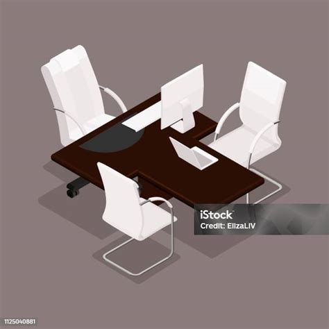 어두운 배경에 고립 된 아이소메트릭 3d 현대적인 스타일 사무용 가구 컴퓨터 장비 기술 모니터 키보드 고급 가구 0명에 대한