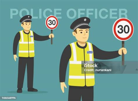 속도 제한 표지판을 들고 있는 고립된 유럽 교통 경찰관 30mph 제한 교통 표지판 원근감 있는 정면도 경찰관에 대한 스톡 벡터 아트 및 기타 이미지 Istock