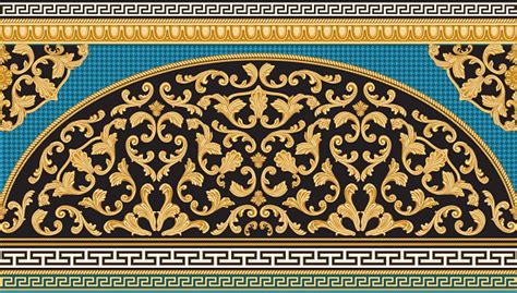 청록색 거위 풋 패턴 배경에 벡터 원활한 황금 테두리 인쇄 그리스 어 구불 한 프리즈 바로크 황금 꽃 두루마리 스카프 숄 러그