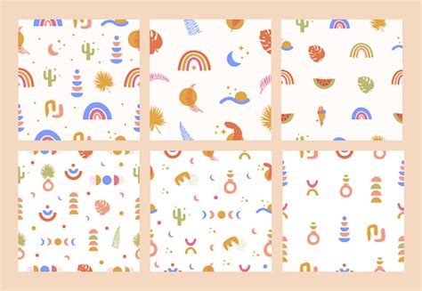 추상적 기하학적 요소와 밝은 색상의 열대 꽃 야자 수 잎보헤미안 열대 여름 원활한 패턴세트 현대적인 플랫 스타일의 트렌디 한 보헤미안 모양 벡터 배경입니다 0명에 대한 스톡