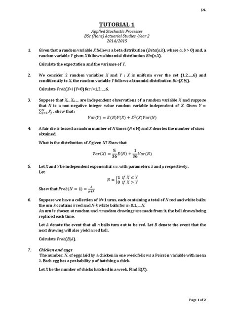 Tutorial Sheet 1 Applied Stochastic Processes Download Free Pdf Random Variable Poisson