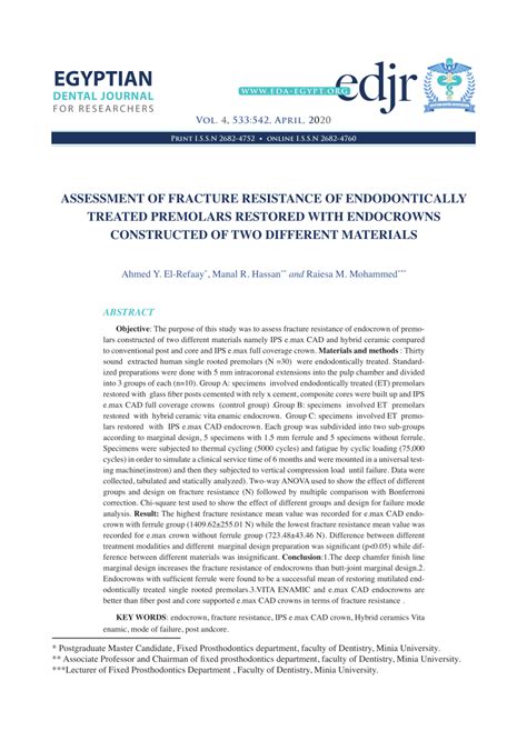 Pdf Egyptian Assessment Of Fracture Resistance Of Endodontically Treated Premolars Restored