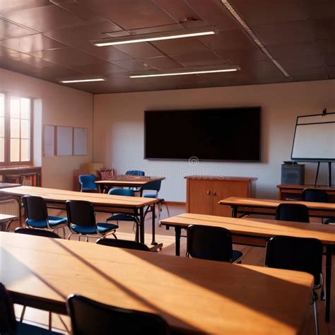 Empty Modern Classroom With Blank Whiteboard Bright Sunny Education Environment Stock