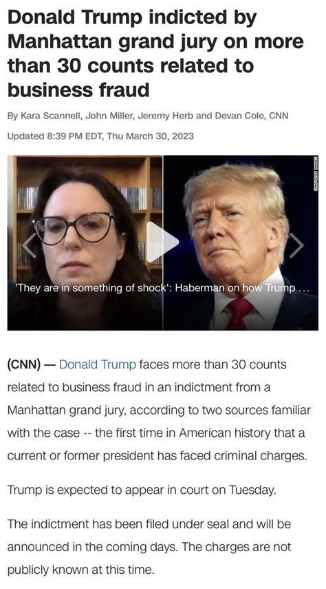 方舟子 On Twitter 曼哈顿大陪审团的起诉书内容还没有公布，cnn说有多达30多项商业欺诈罪名。检察官已联系川普要求他自首。共和党