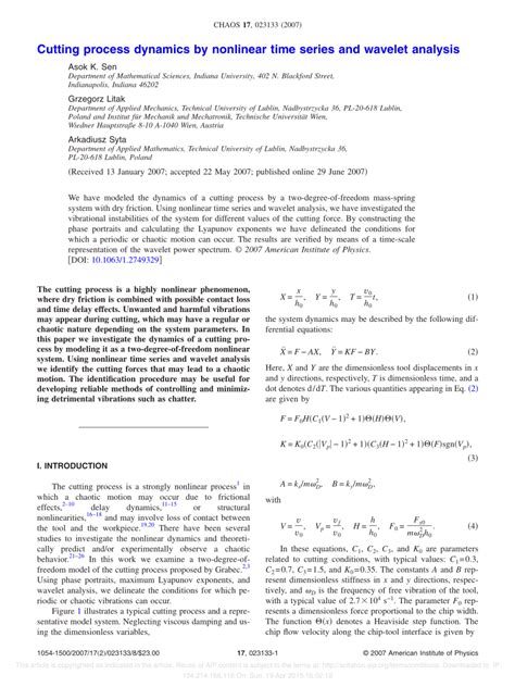 Pdf Cutting Process Dynamics By Nonlinear Time Series And Wavelet