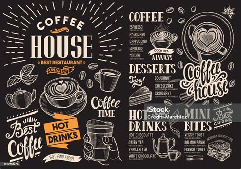 칠판에 커피 식당 메뉴입니다 벡터 음료 안내물 바와 카페 빈티지 그린 식품 삽화와 함께 서식 파일을 디자인 합니다 커피 마실 것에 대한 스톡 벡터 아트 및 기타 이미지