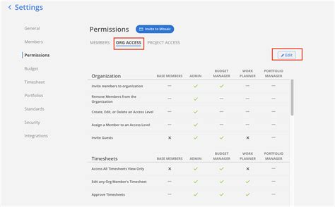 organization settings permissions mosaic