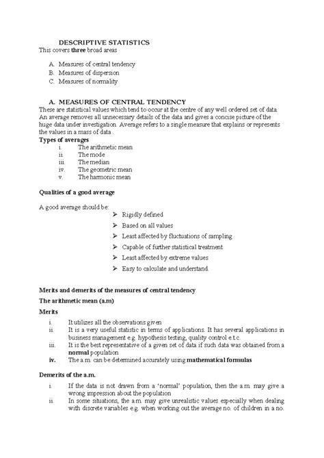 Descriptive Statistics Notes Descriptive Statistics This Covers Three Broad Areas A Measures